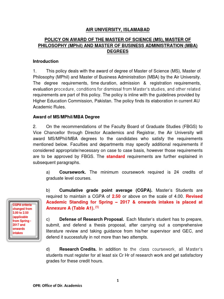 Policy On MS, M.phil and Mba - Degrees | Download Free PDF | Thesis | Master's Degree