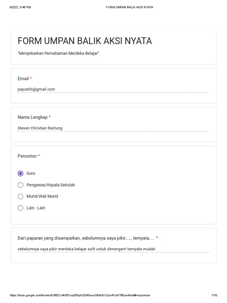 FORM UMPAN BALIK AKSI NYATA ELKE NENDER - Google Formulir | PDF