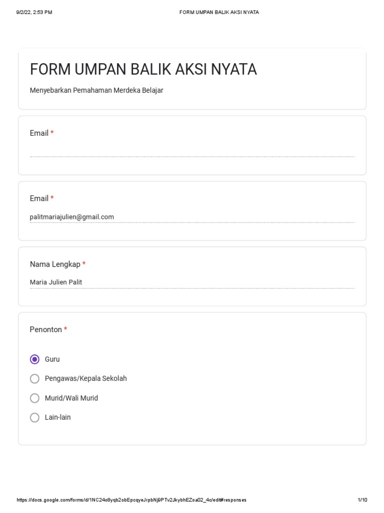 FORM UMPAN BALIK AKSI NYATA FANDY WUISAN - Google Formulir | PDF