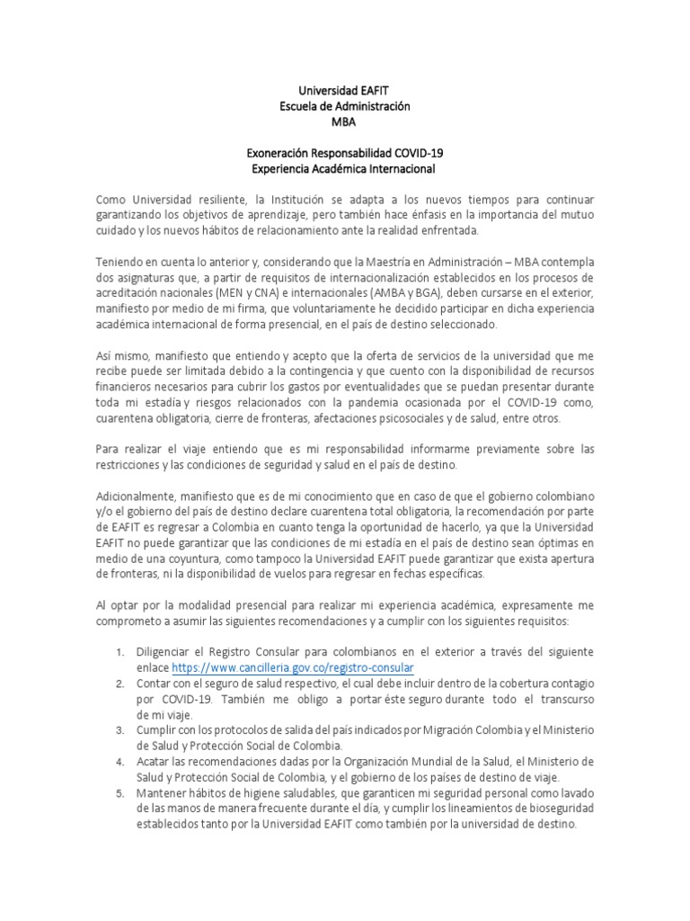 Exoneración COVID-19 para MBA EAFIT | PDF | Colombia | Ciencias de la Salud