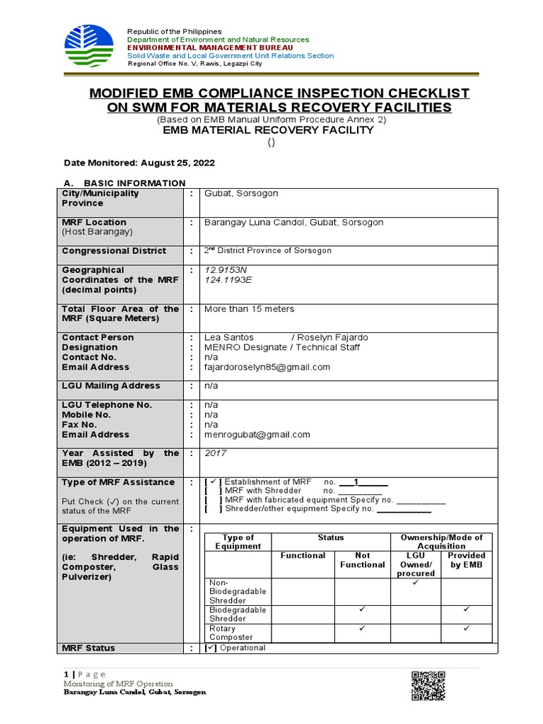 EMB-MRF-Funded-Gubat-Sorsogon-3rd-Quarter-September-2022 | PDF | Waste ...