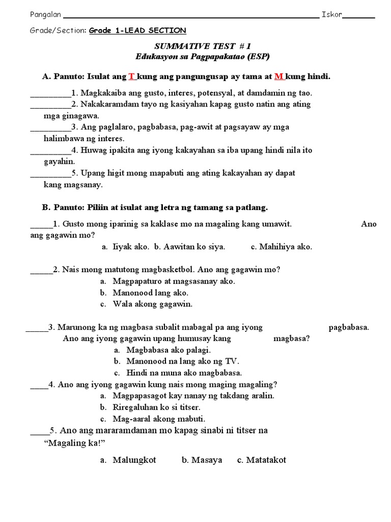 ESP Quiz 1 Quarter 1 | PDF