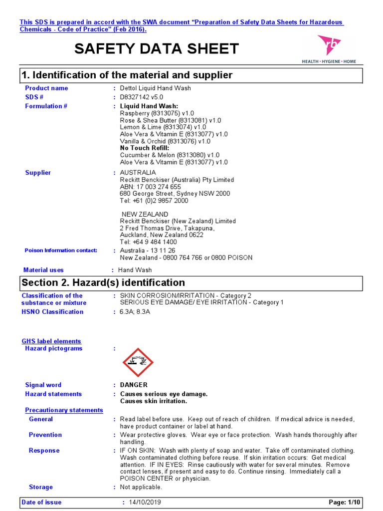 Dettol Liquid Hand Wash SDS | PDF | Toxicity | Dangerous Goods
