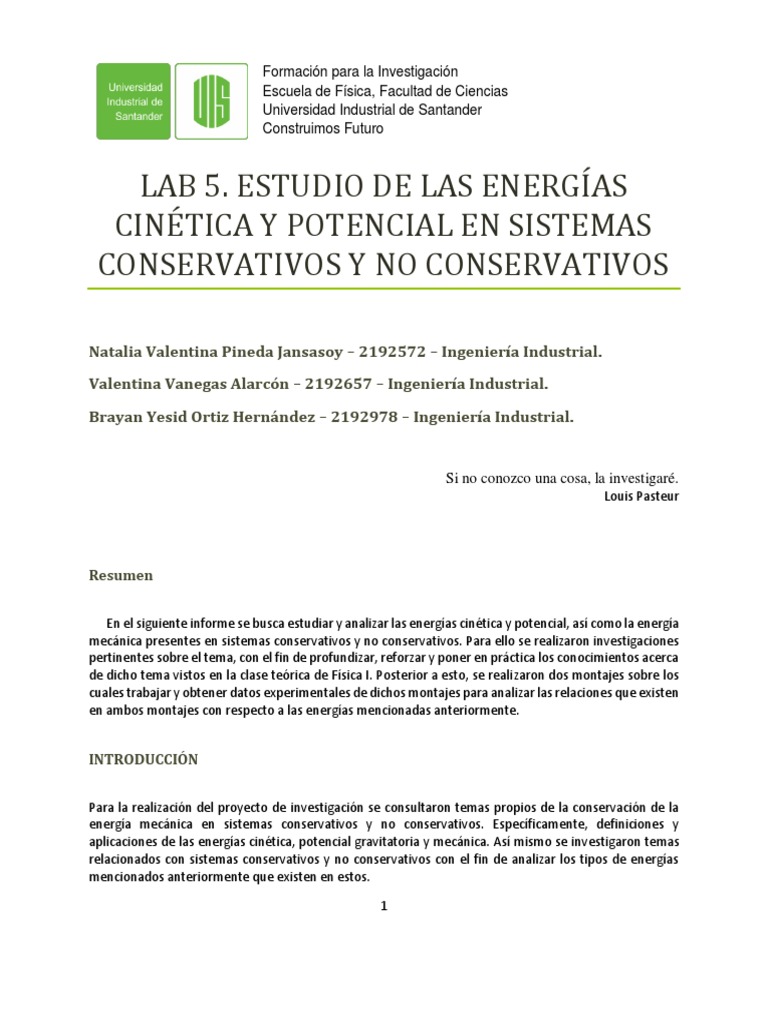 Lab 5. Estudio de Las Energías Cinética y Potencial en Sistemas Conservativos y No Conservativos ...