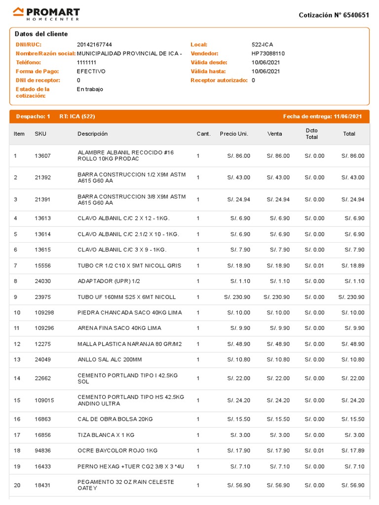 Cotización de materiales de construcción para la Municipalidad Provincial de Ica | PDF ...