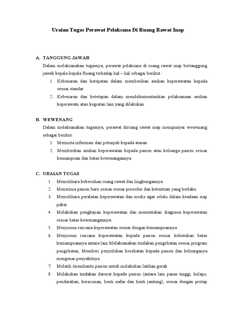 Uraian Tugas Perawat Pelaksana Di Ruang Rawat Inap | PDF