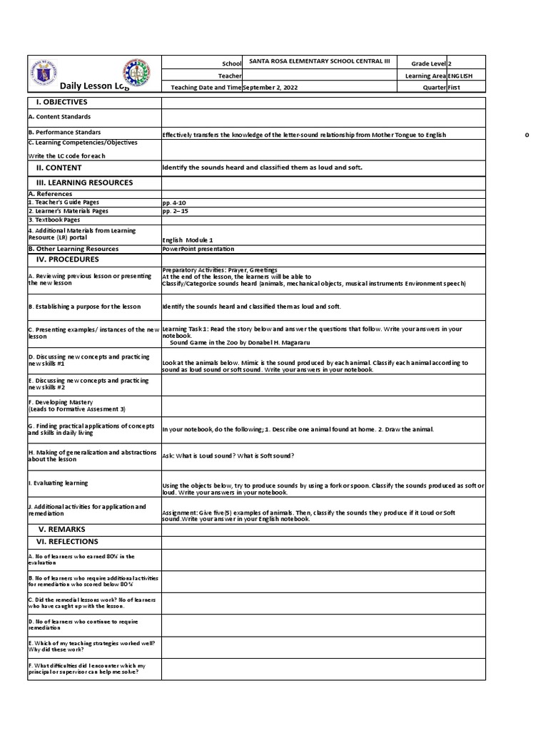 DLL English Q1 W1 | PDF | Learning | Teachers DLL English Q1 W1 | PDF | Learning | Teachers