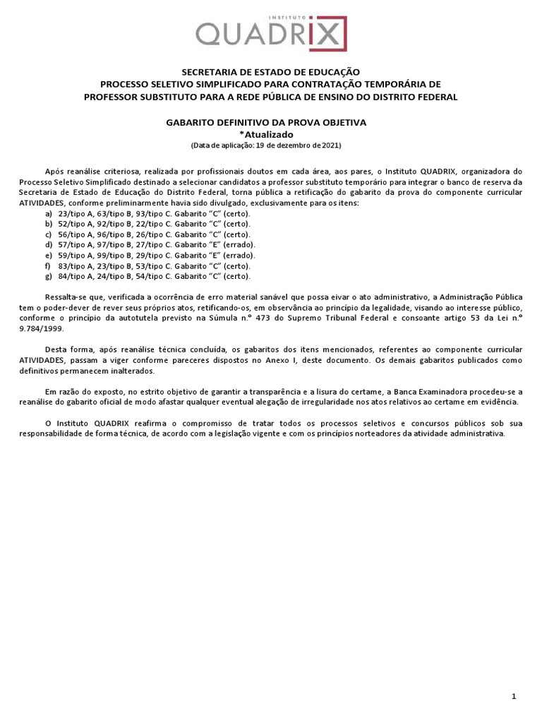 Quadrix 2021 Sedf Professor Substituto Atividades Gabarito | PDF