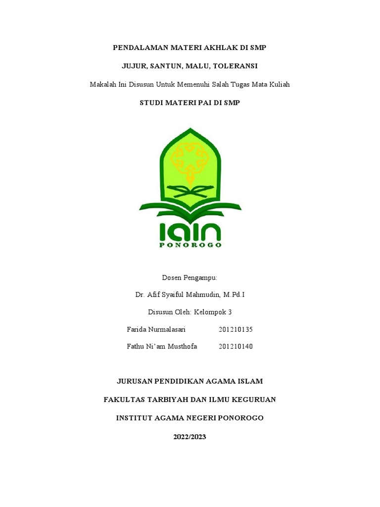 Kel 03 PENDALAMAN MATERI AKHLAK DI SMP | PDF