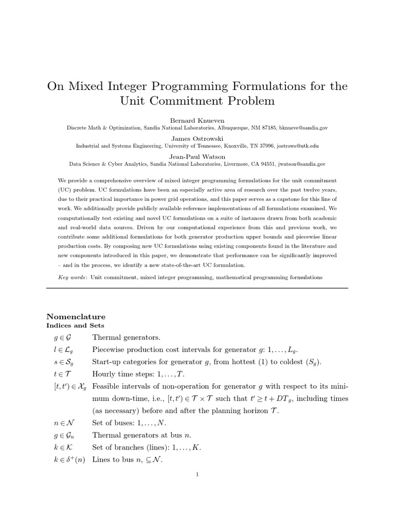On Mixed Integer Programming Formulations For The Unit Commitment Problem Pdf Linear