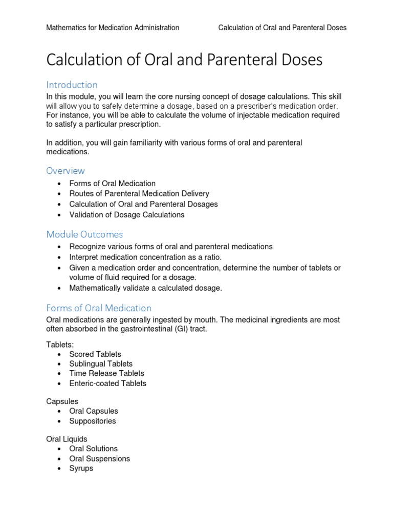 Calculation of Oral and Parenteral Doses | PDF | Intravenous Therapy ...