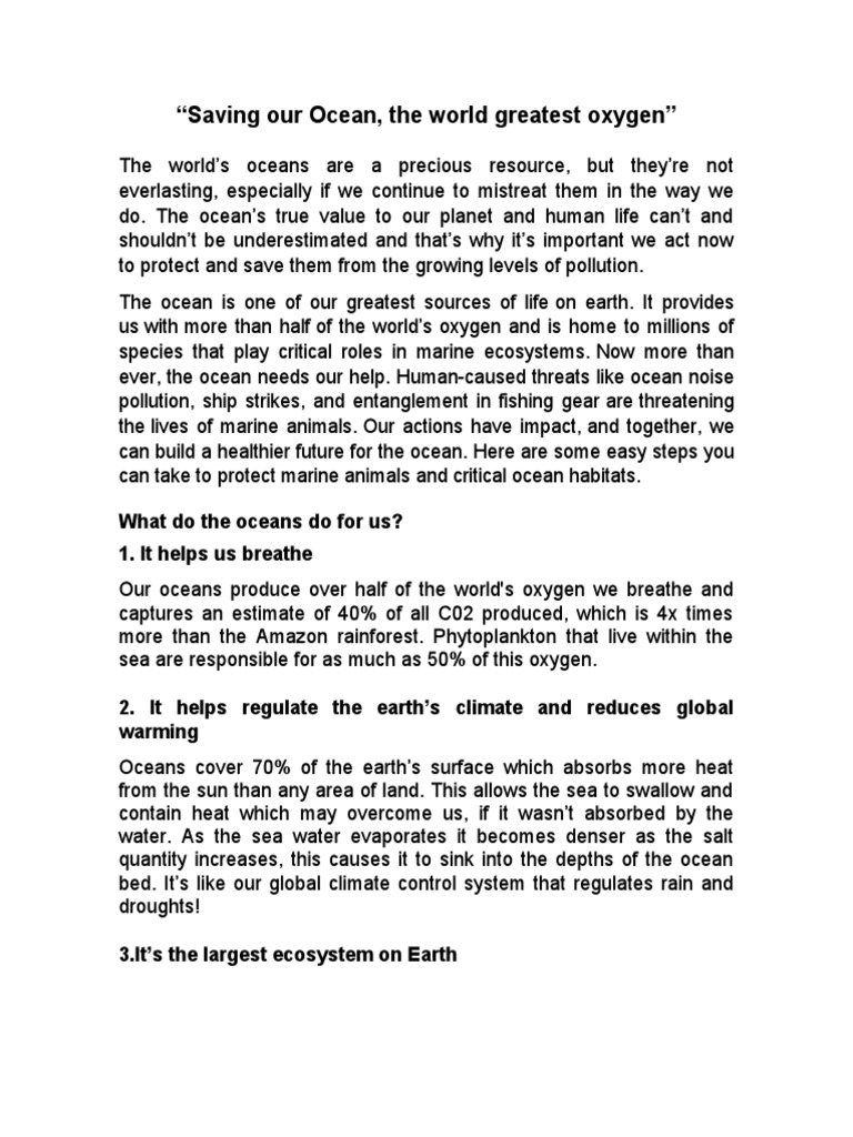 Saving Our Ocean. Reading Comprehension | PDF | Oceans | Sea