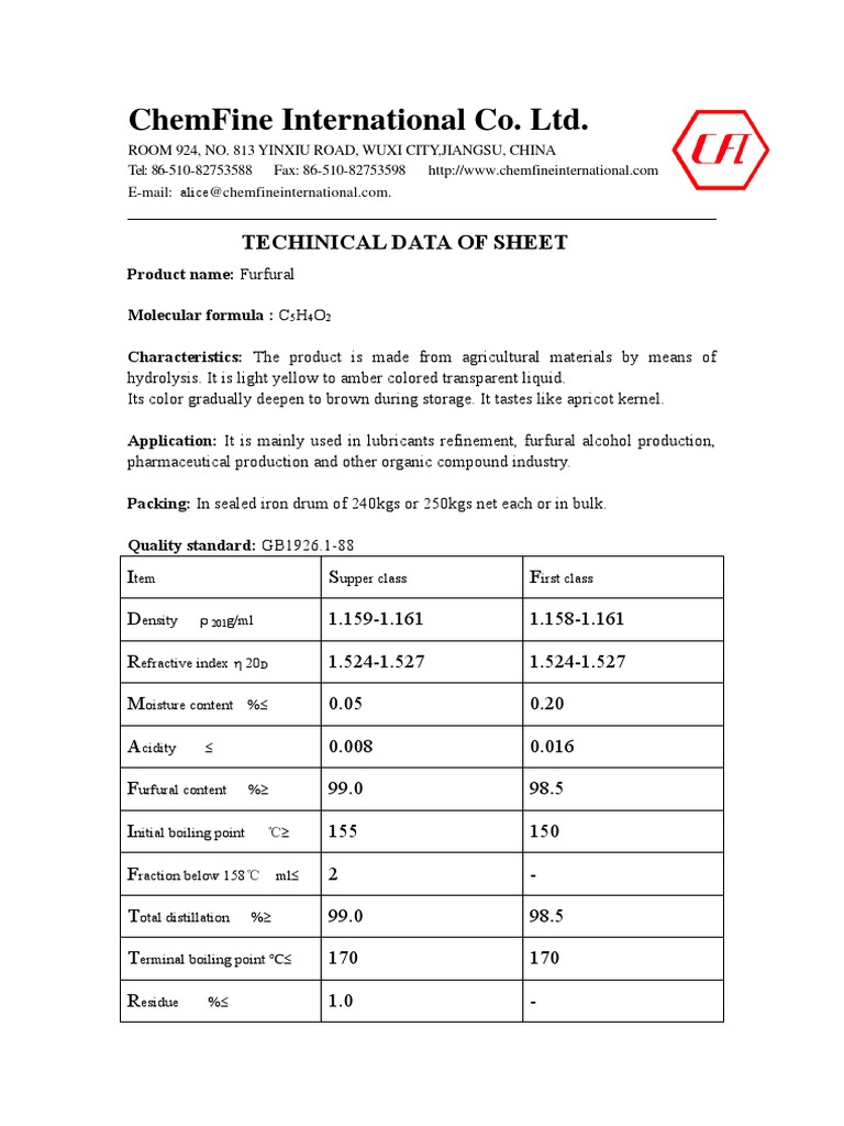 Furfural Technical Data Sheet | PDF | Technology & Engineering