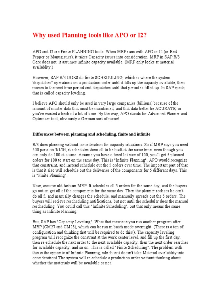 Why used planning tools like APO or I2? Differences between planning and scheduling | PDF ...