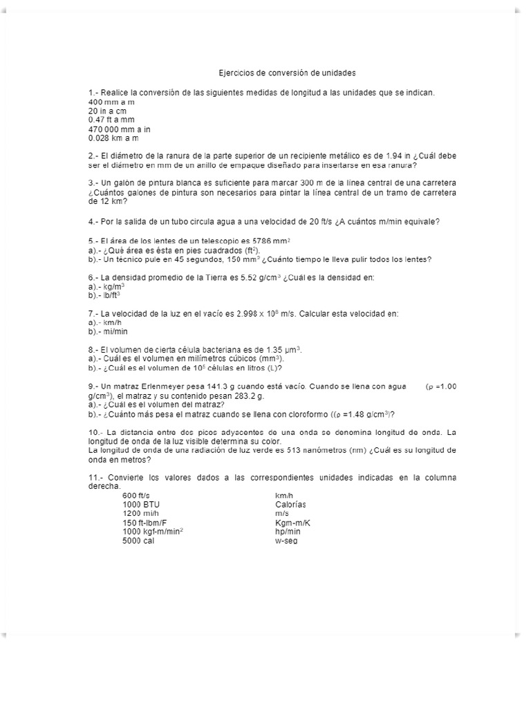 Ejercicios de Conversión de Unidades Ejerciciosdocx | PDF