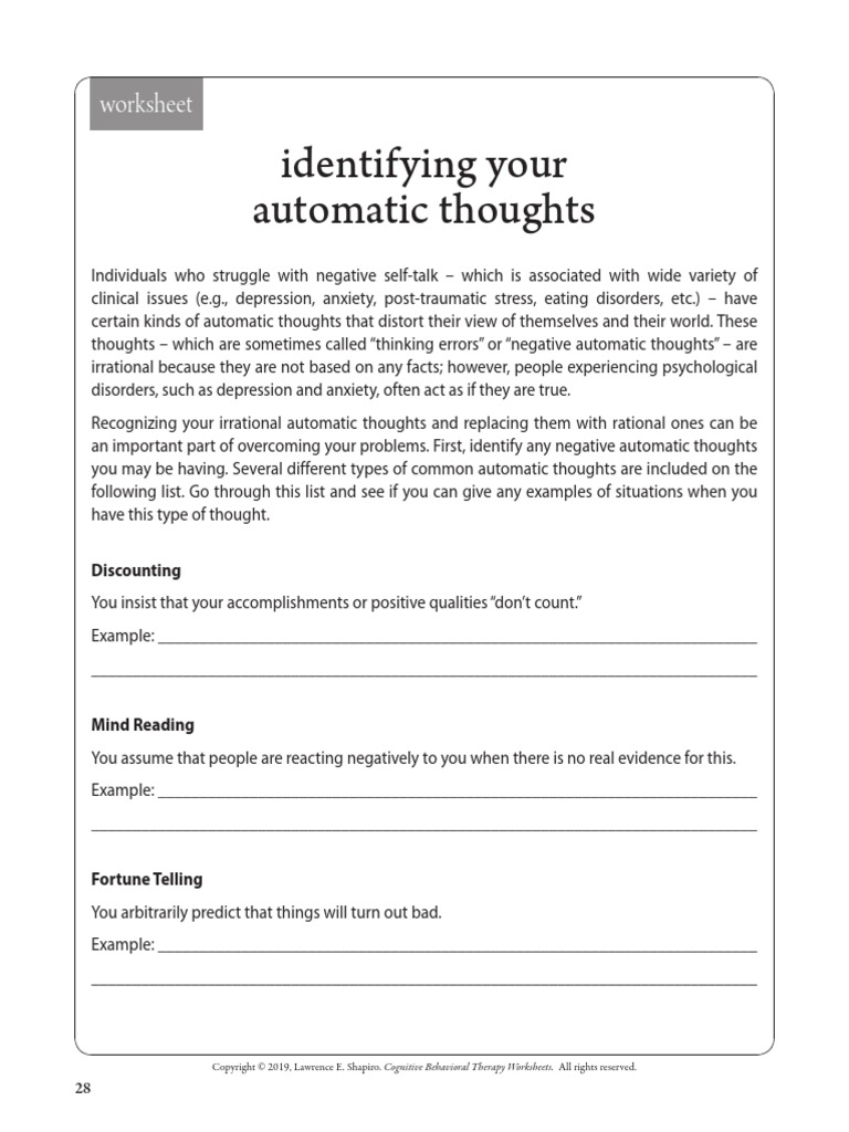Identifying Your Automatic Thoughts: Worksheet | PDF | Thought ...