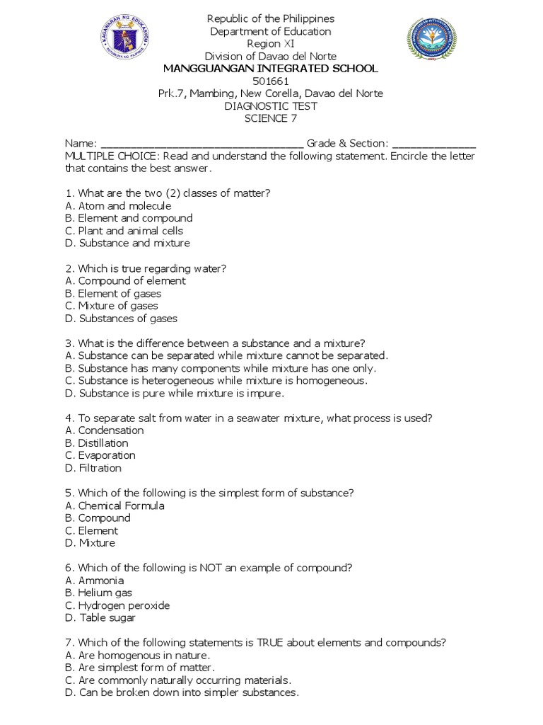 Grade 7 Science Diagnostic Test | PDF | Mixture | Chemical Substances