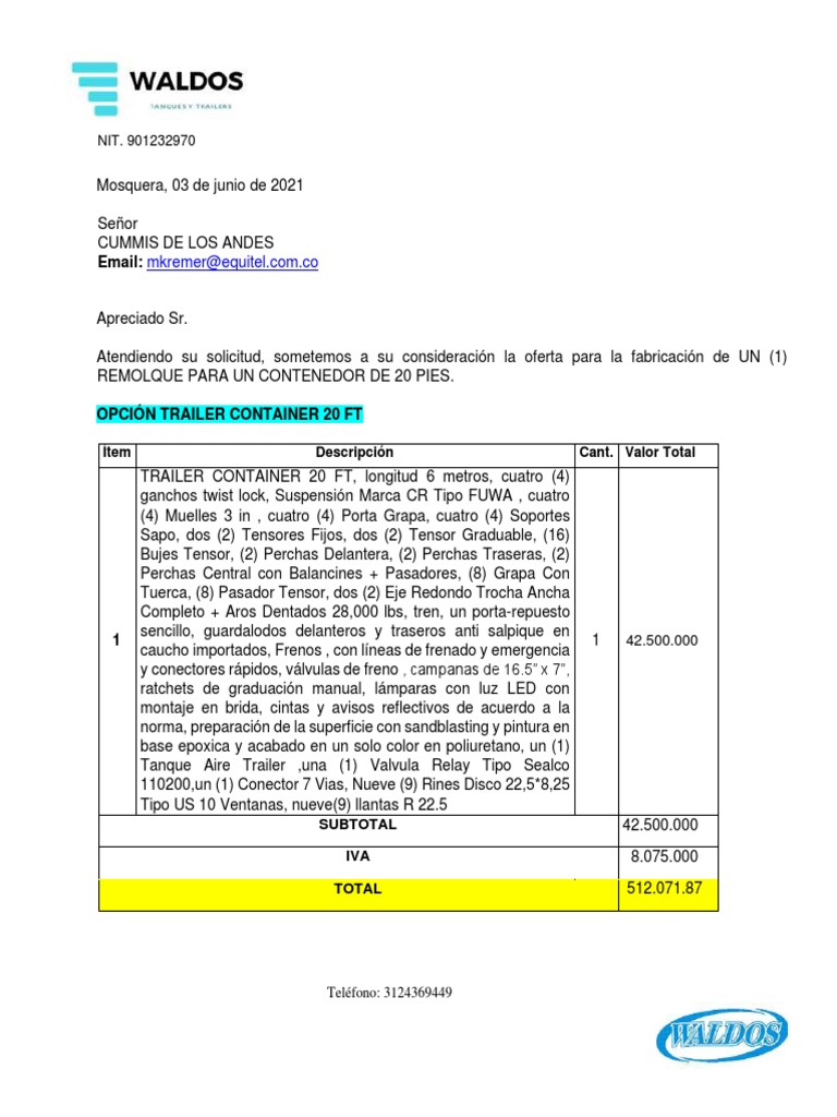 Cotización Remolque 20 Pies | PDF