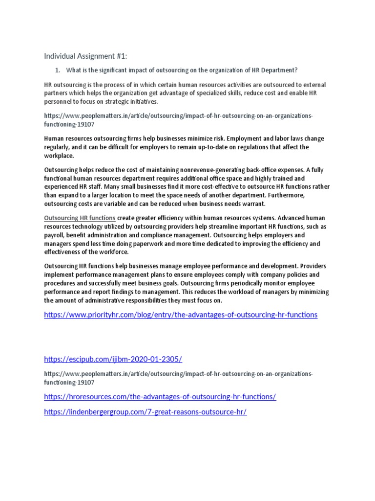 Individual Assignment Pdf Outsourcing Human Resource Management