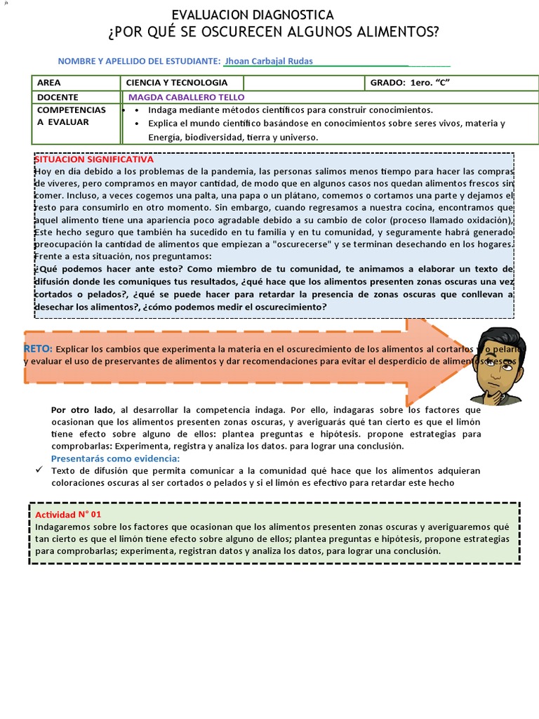 EVALUACION DIAGNOSTICA C y T 1° 2022 Resuelto SIUUUUU | PDF | Limonada | Agua