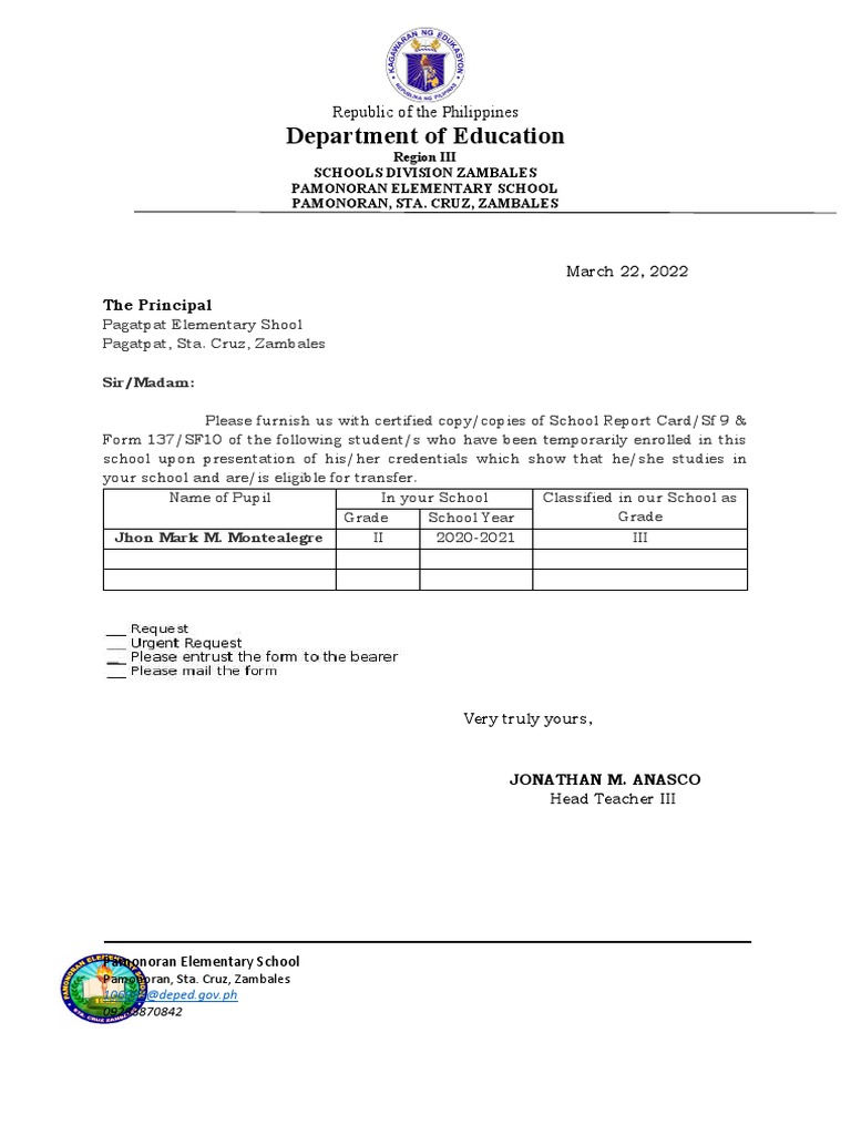 Request Letter School Form 10 | PDF