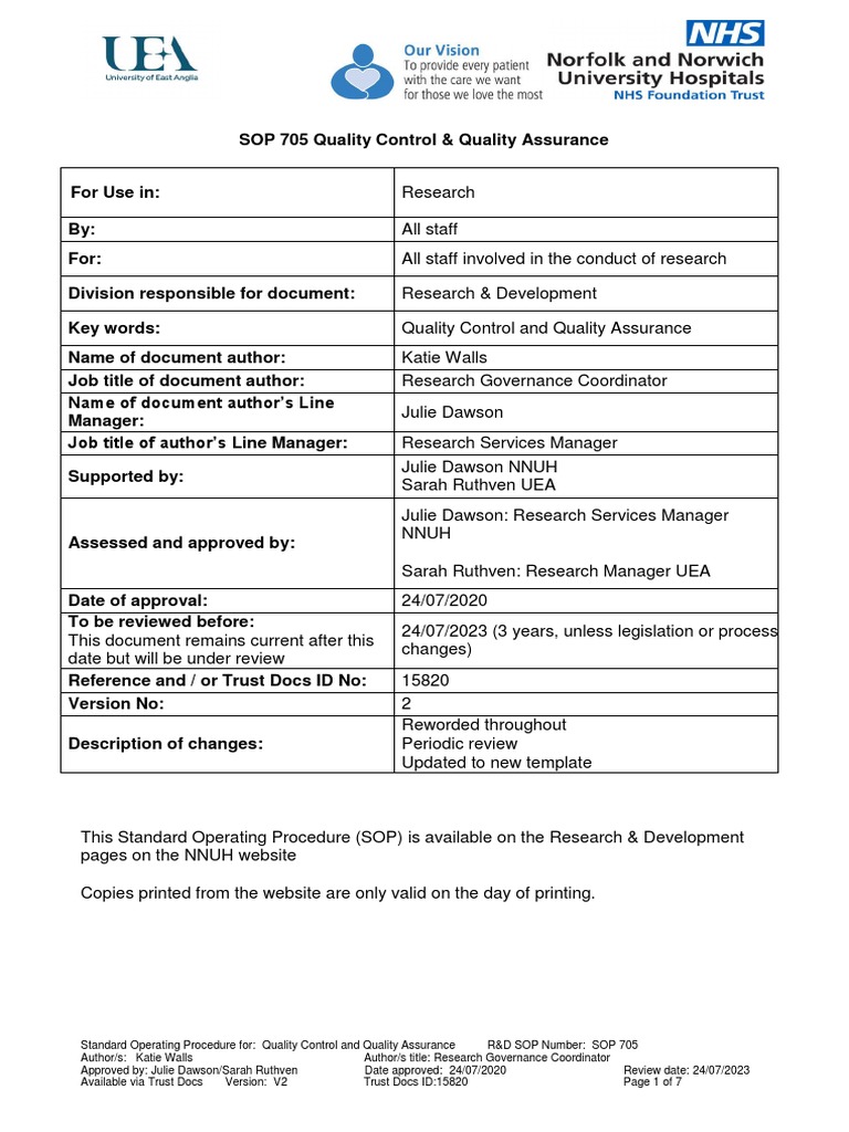 R&D SOP 705 Quality Control and Quality Assurance V2 | PDF | Audit | Clinical Trial