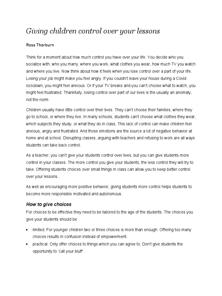 Giving Children Control Over Your Lessons - Ross Thorburn | PDF ...