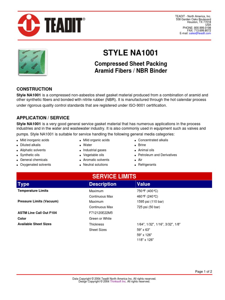 Ficha Tecnica Teadit 1001 | PDF | Oil | Water