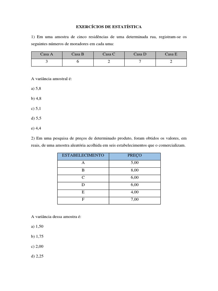 Exercícios de Estatística | PDF
