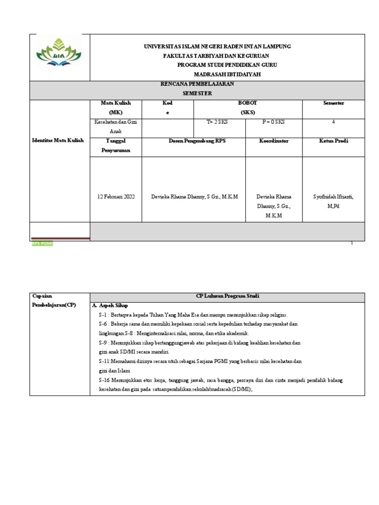 RPS Kesehatan Dan Gizi Anak SD (DRD) | PDF