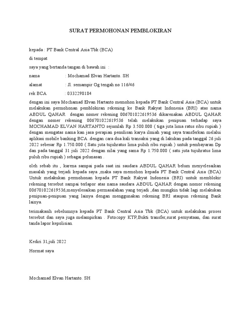 Surat Permohonan Pemblokiran Bca | PDF