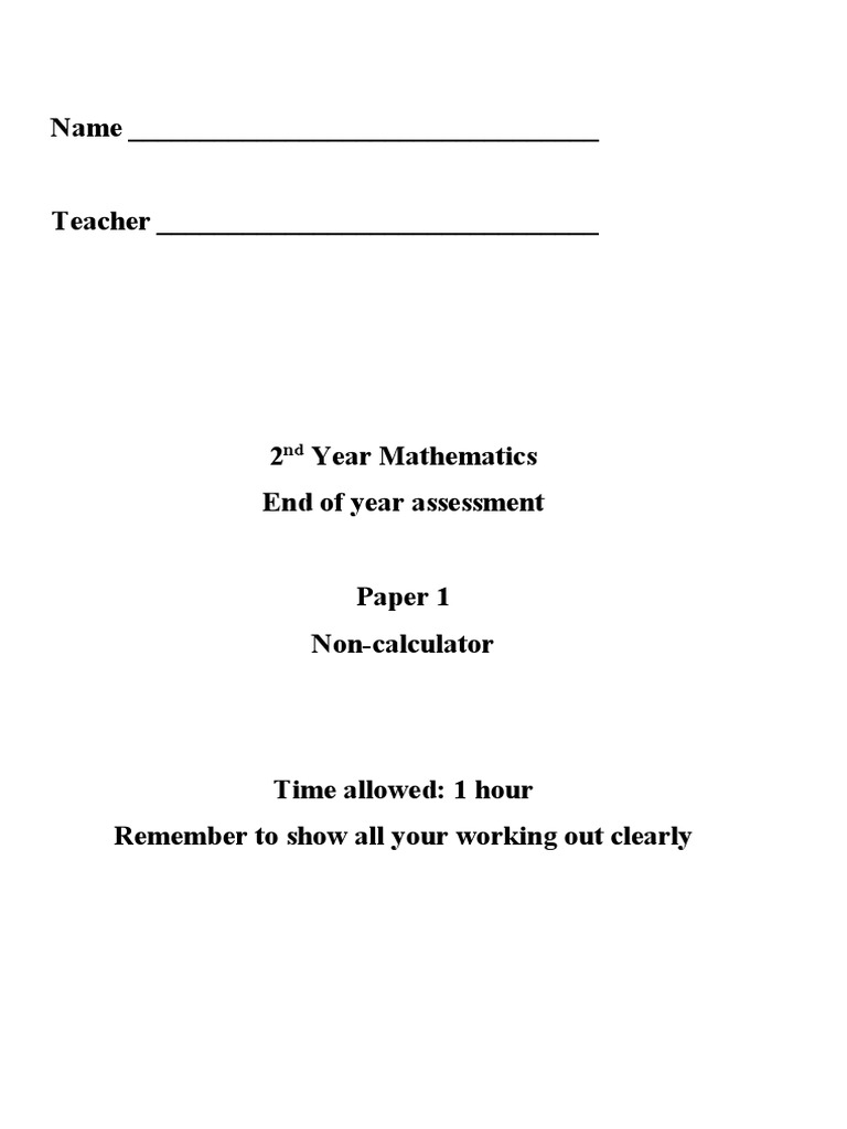 Y8 End of Year 2017 (Non-Calc) | Download Free PDF | Mathematics | Geometry