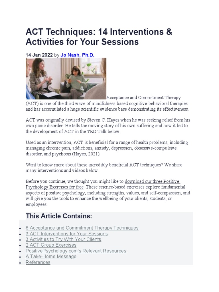 ACT Techniques 14 Interventions & Activities For Your Sessions | PDF ...