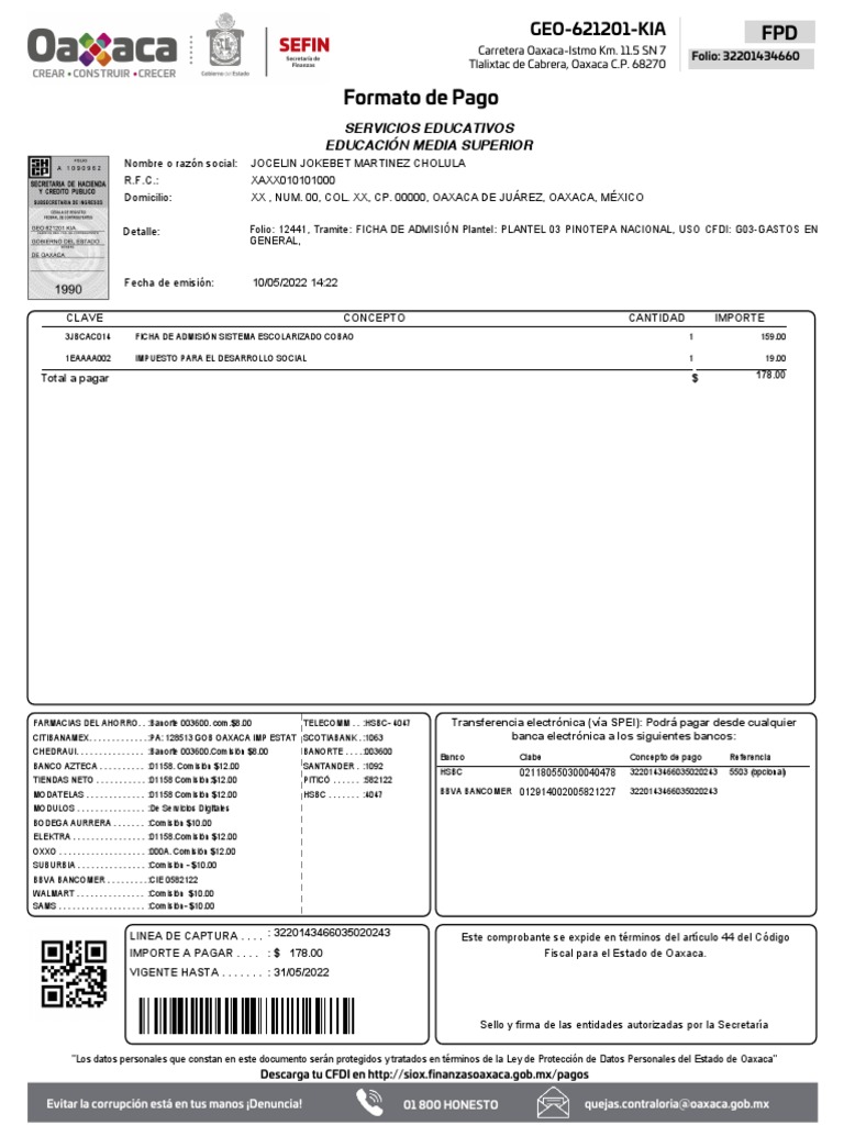 Formato de Pago COBAO 2022 | PDF | Bancos | Bancario