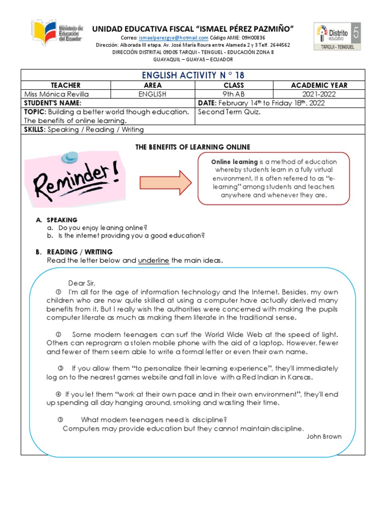 9TH - English - Activity - #18 | PDF | Educational Technology | Learning