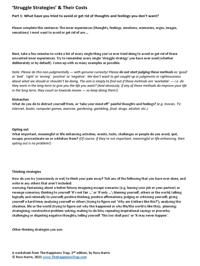 Struggle Strategies and Their Costs - Happiness Trap Worksheet ...