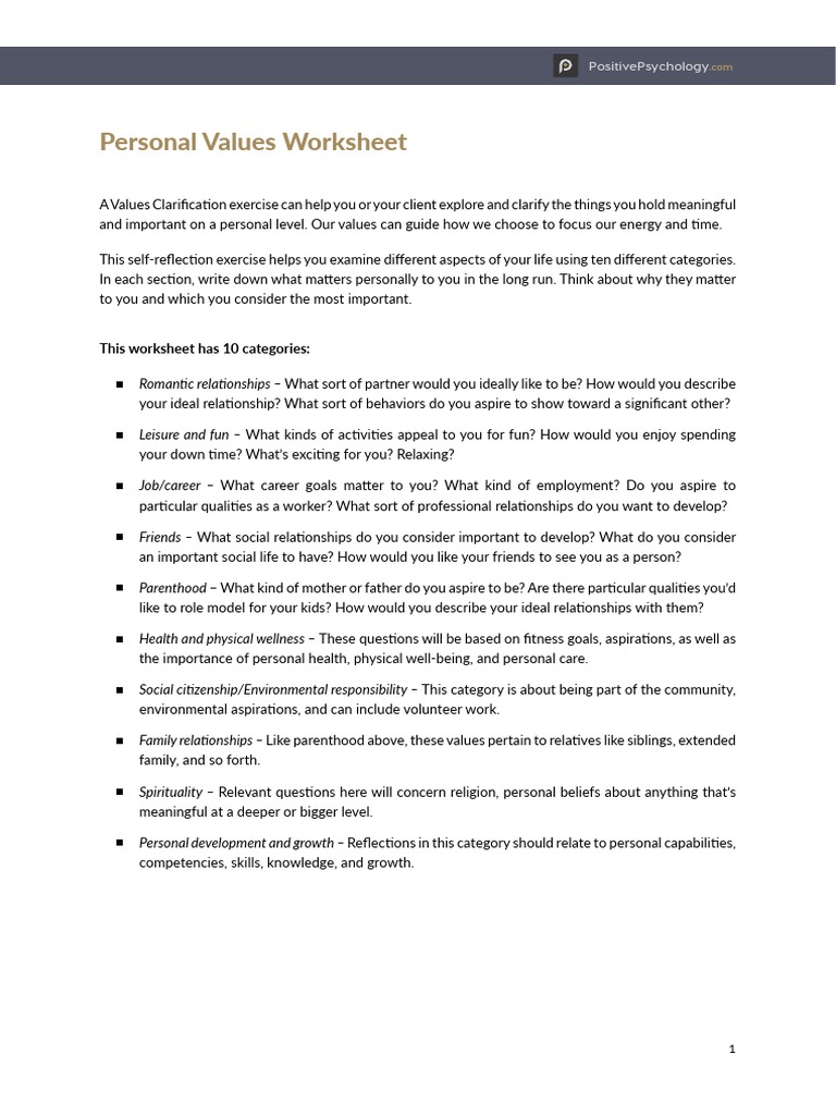 Personal Values Worksheet | Download Free PDF | Parenting | Leisure
