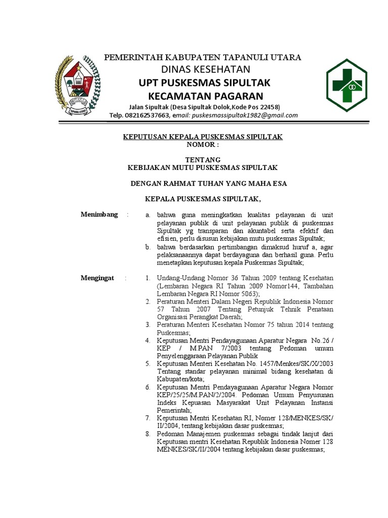 Ep 3114 Sk-Kebijakan-Mutu-Puskesmas | PDF