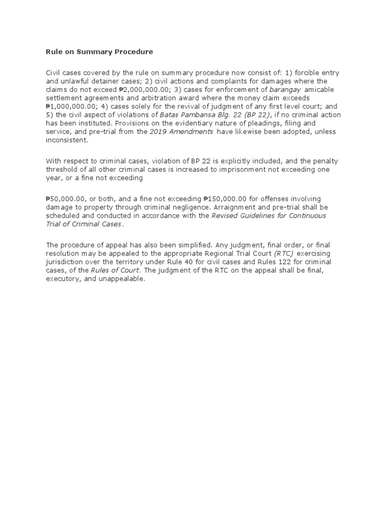 Rule On Summary Procedure | PDF