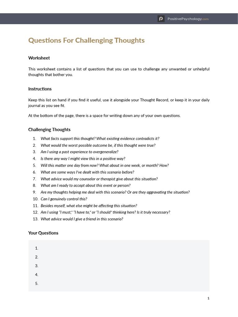 Challenge Unhelpful Thoughts Worksheet | PDF