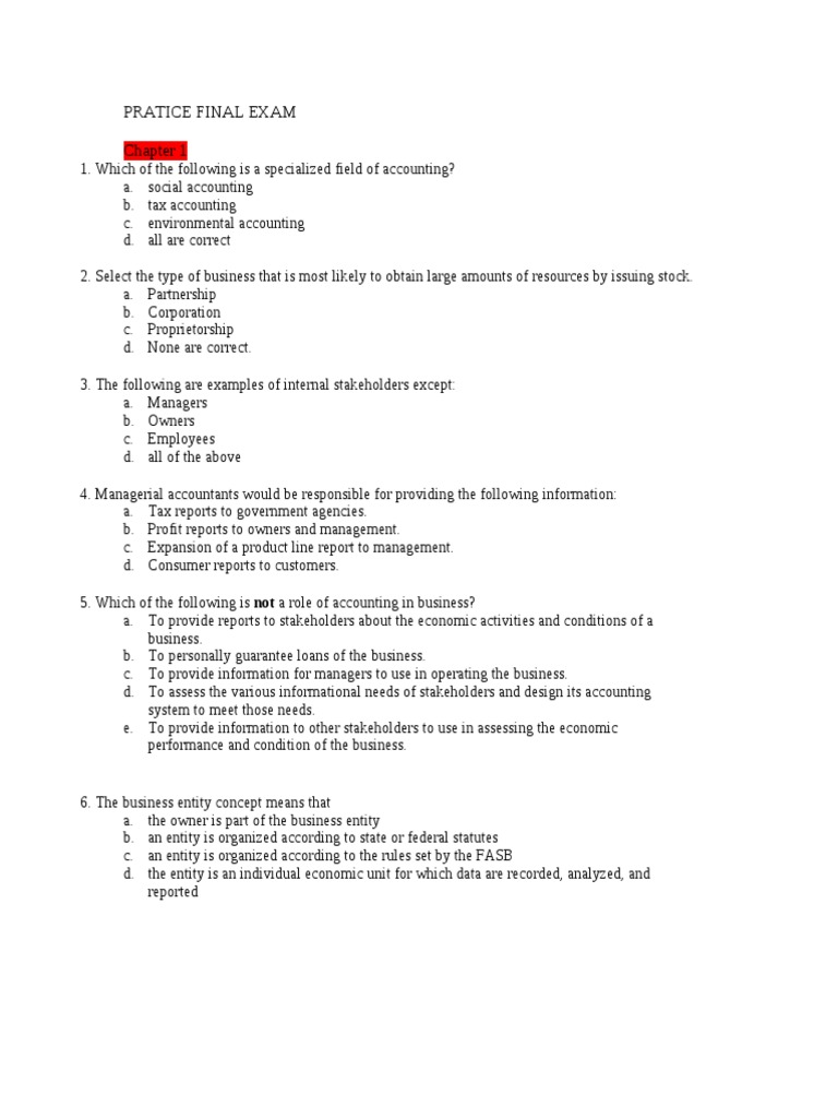 Accounting Practice Final Exam Questions | PDF | Debits And Credits ...