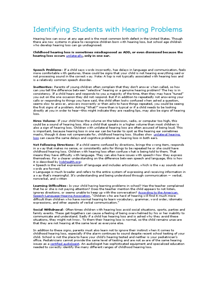 Identifying Students With Hearing Problems | PDF | Speech | Hearing Loss