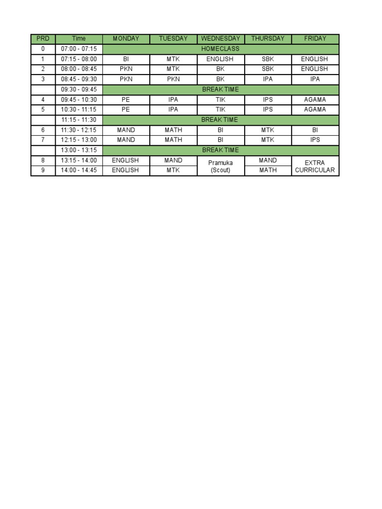 Time Table Grade 9A | PDF