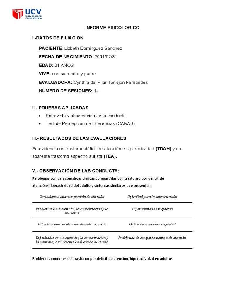 Informe psicológico sobre TDAH y TEA en paciente de 21 años | PDF