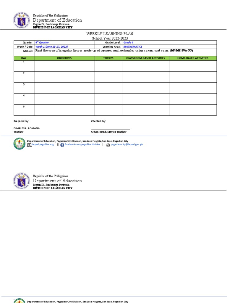 Sample Template Weekly Learning Plan | PDF