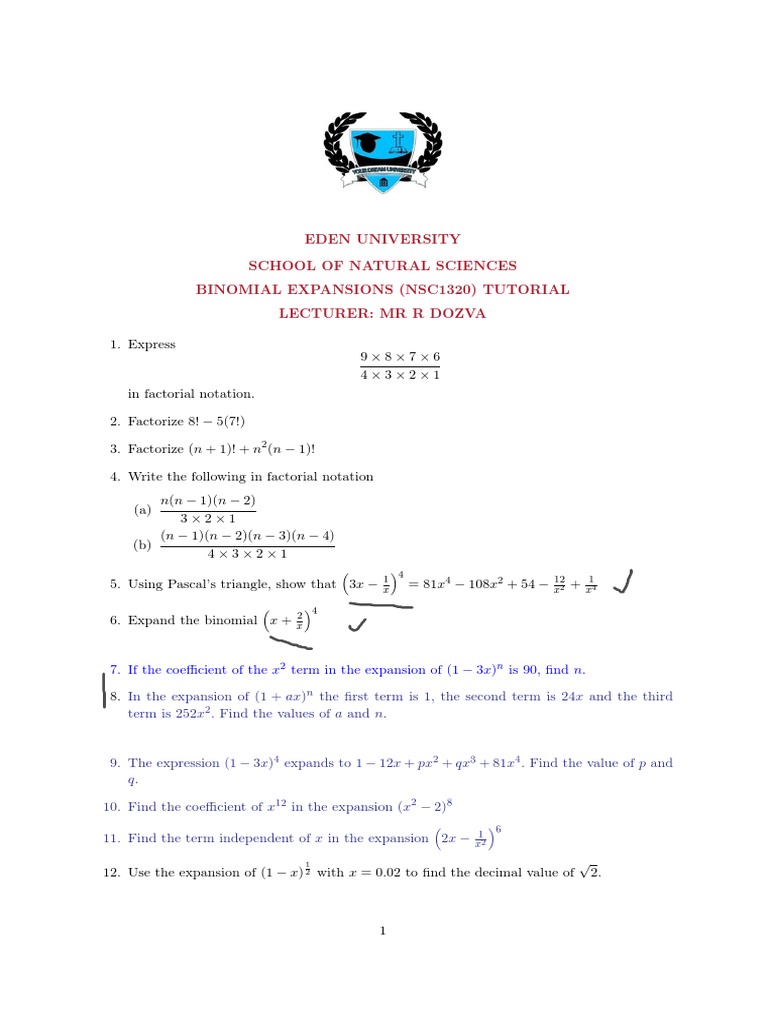 Binomial Expansions Tutorial | PDF | Complex Analysis | Numbers
