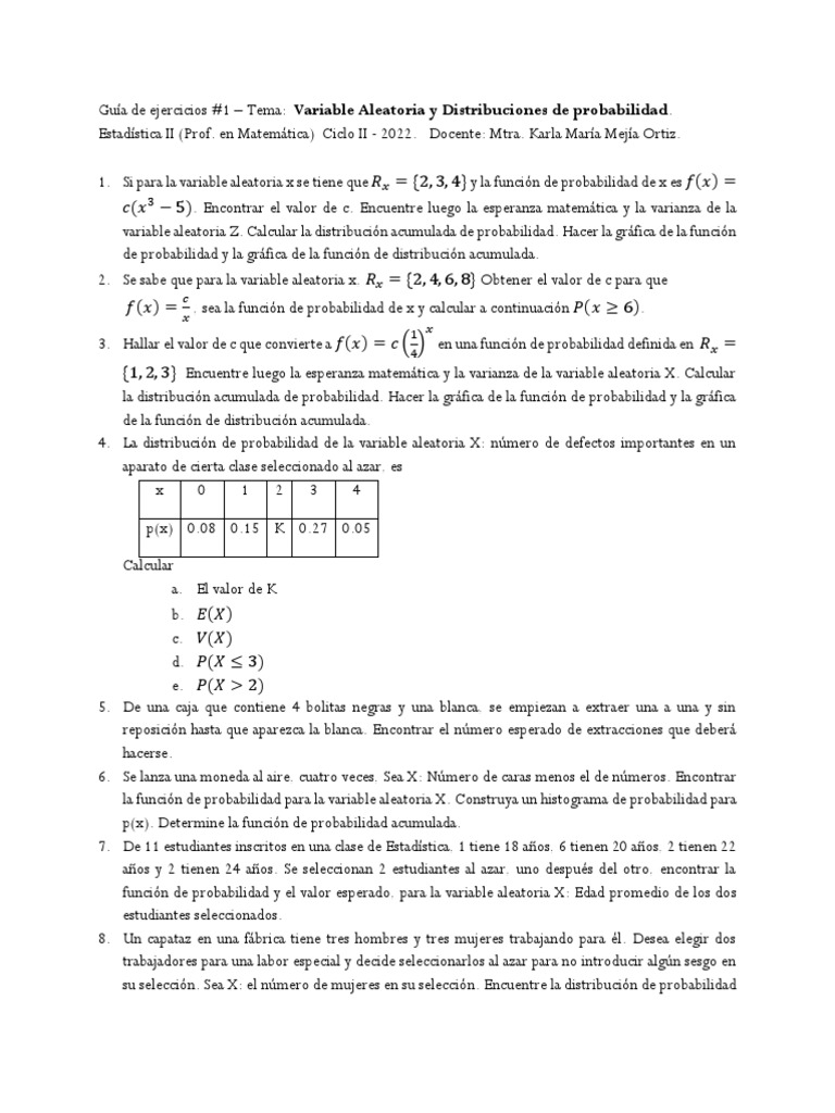 Guia de Ejercicios #1 - Variable Aleatoria - Estadistica II Ciclo II 2022 | PDF | Variable ...