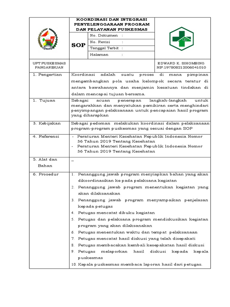 1.2.5.9 Sop Koordinasi Dan Integrasi Penyelenggaraan Program Dan Pelayanan Puskesmas | PDF