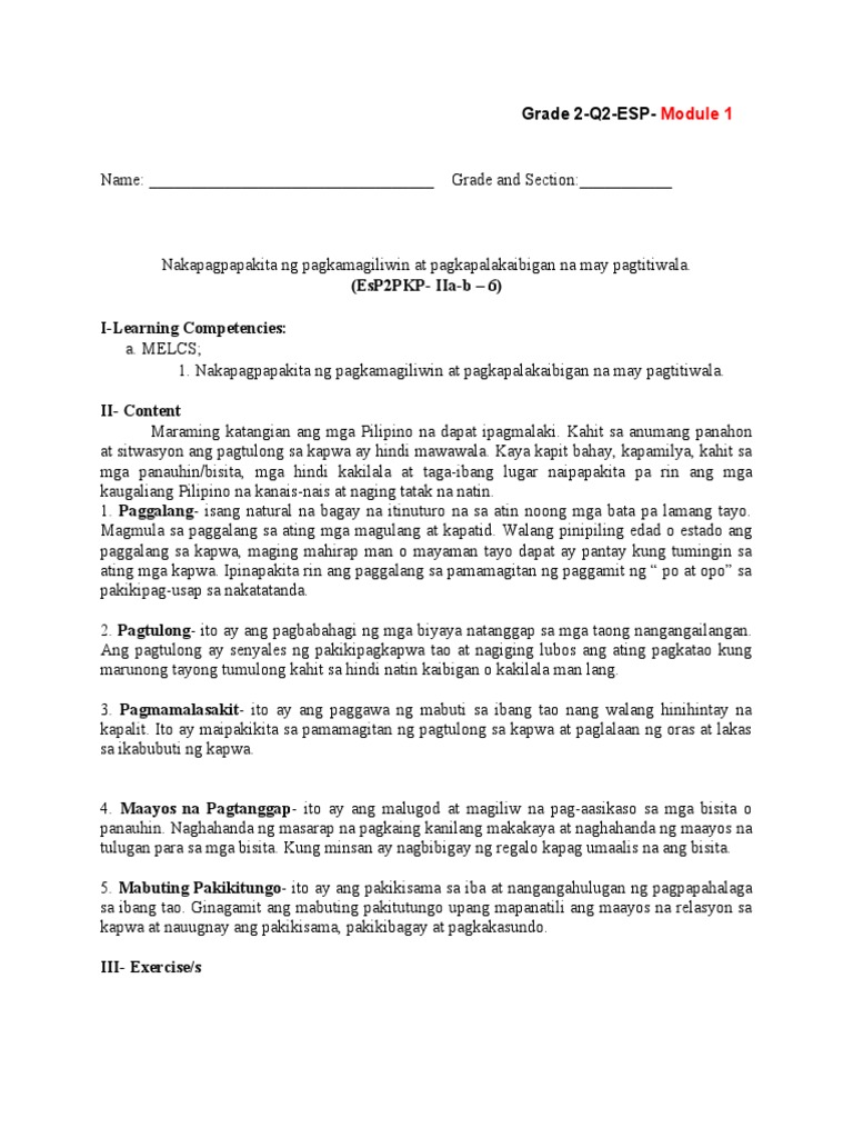 Grade 2-Q2-ESP - Module 1 | PDF