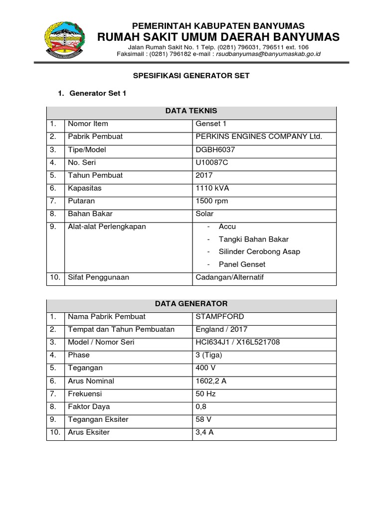 A1.data Spesifikasi Sumber Listrik Alternatif (Genset) | PDF
